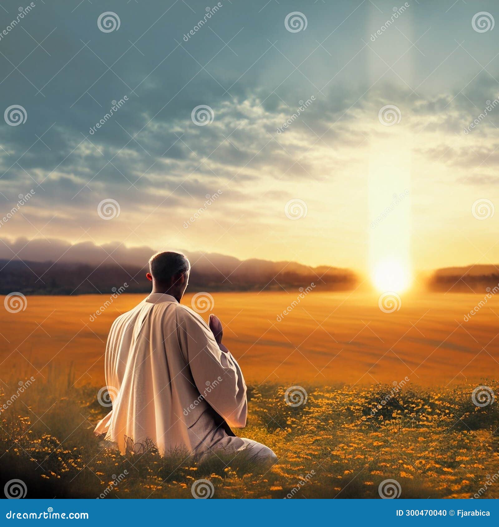 Monk at sunset on meadow stock illustration. Illustration of morning ...