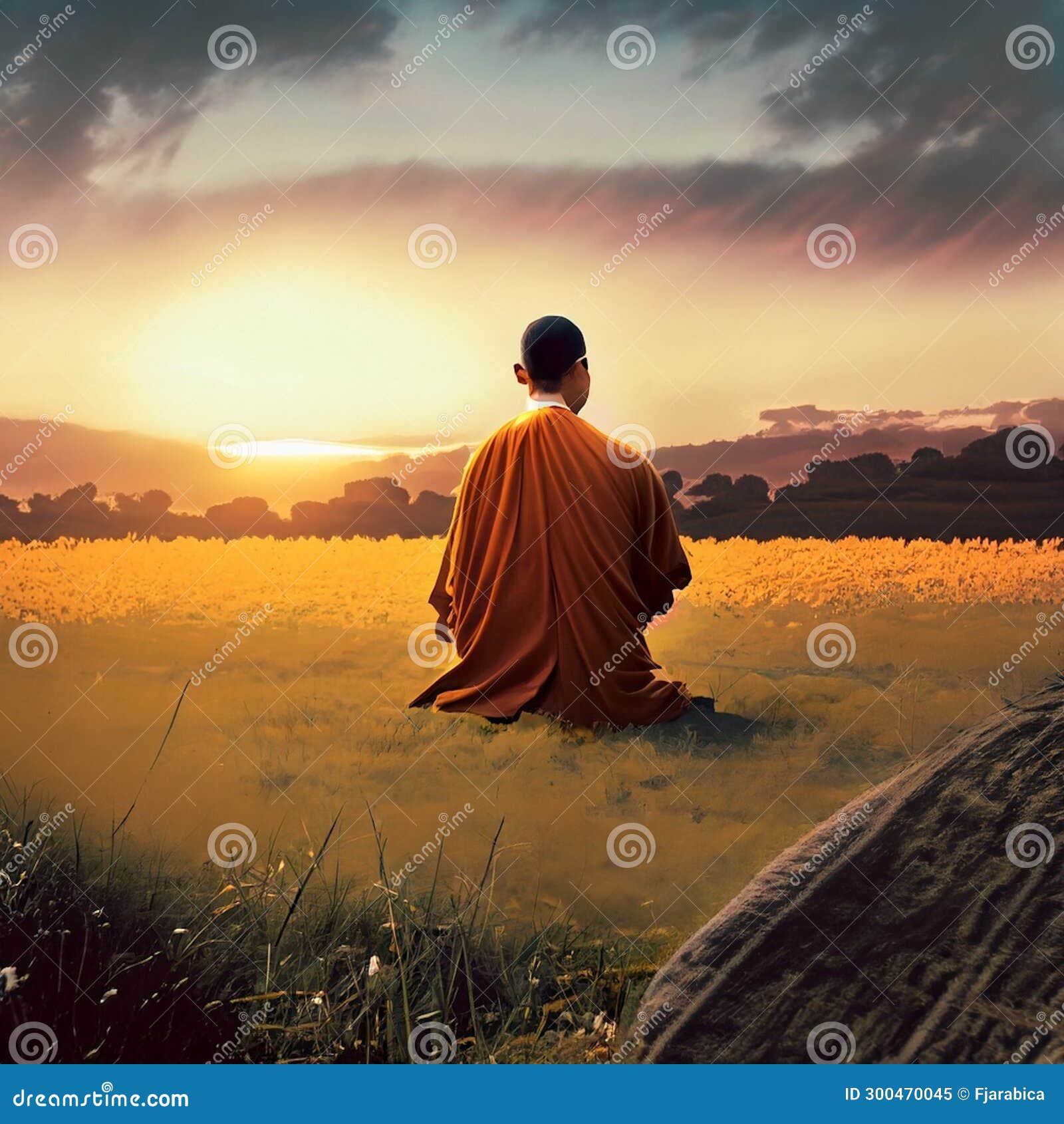 Monk at sunset on meadow stock illustration. Illustration of yoga ...
