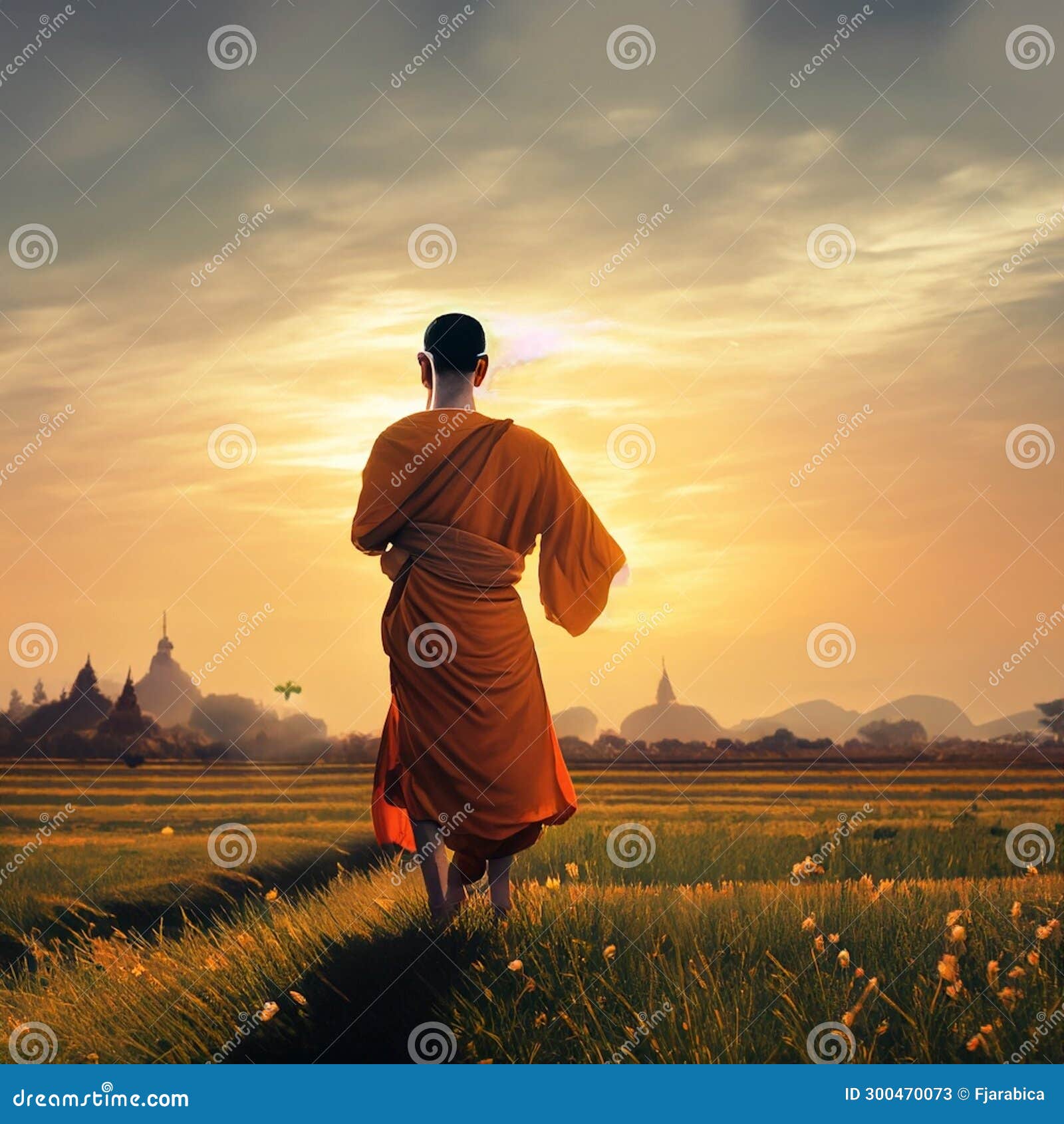 Monk at sunset on meadow stock illustration. Illustration of meditation ...