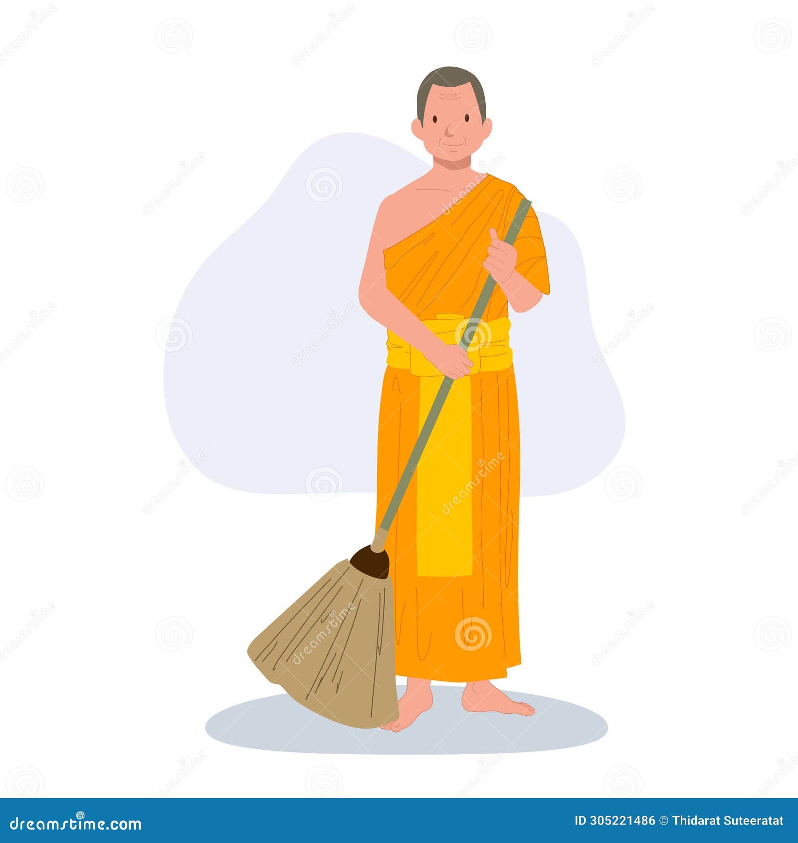 Monk in Traditional Robes Engaged in daily Cleaning, Sweeping the Floor ...