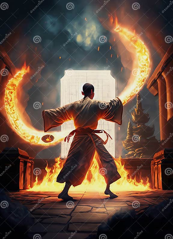 Monk Training Martial Arts with Fire Element Stock Illustration ...
