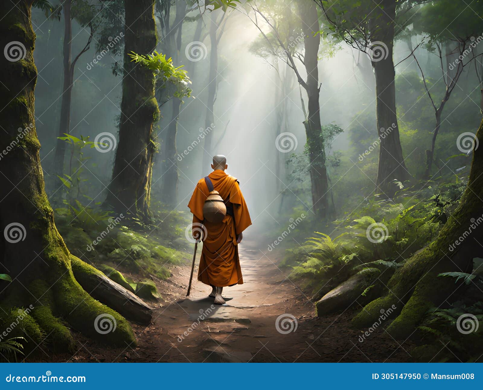 Monk walking in the forest stock illustration. Illustration of religion ...