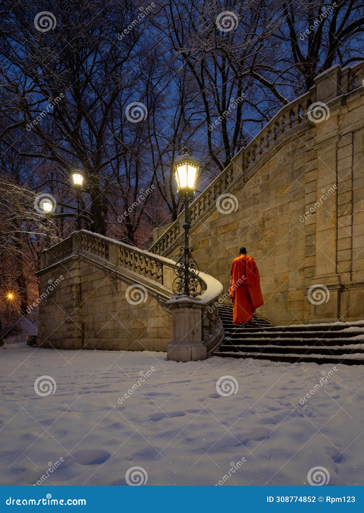 Monk walking in the night stock photo. Image of cold - 308774852