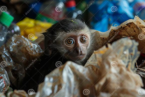 Monkey Amidst Plastic Waste Stock Photo - Image of biodiversity, reuse ...