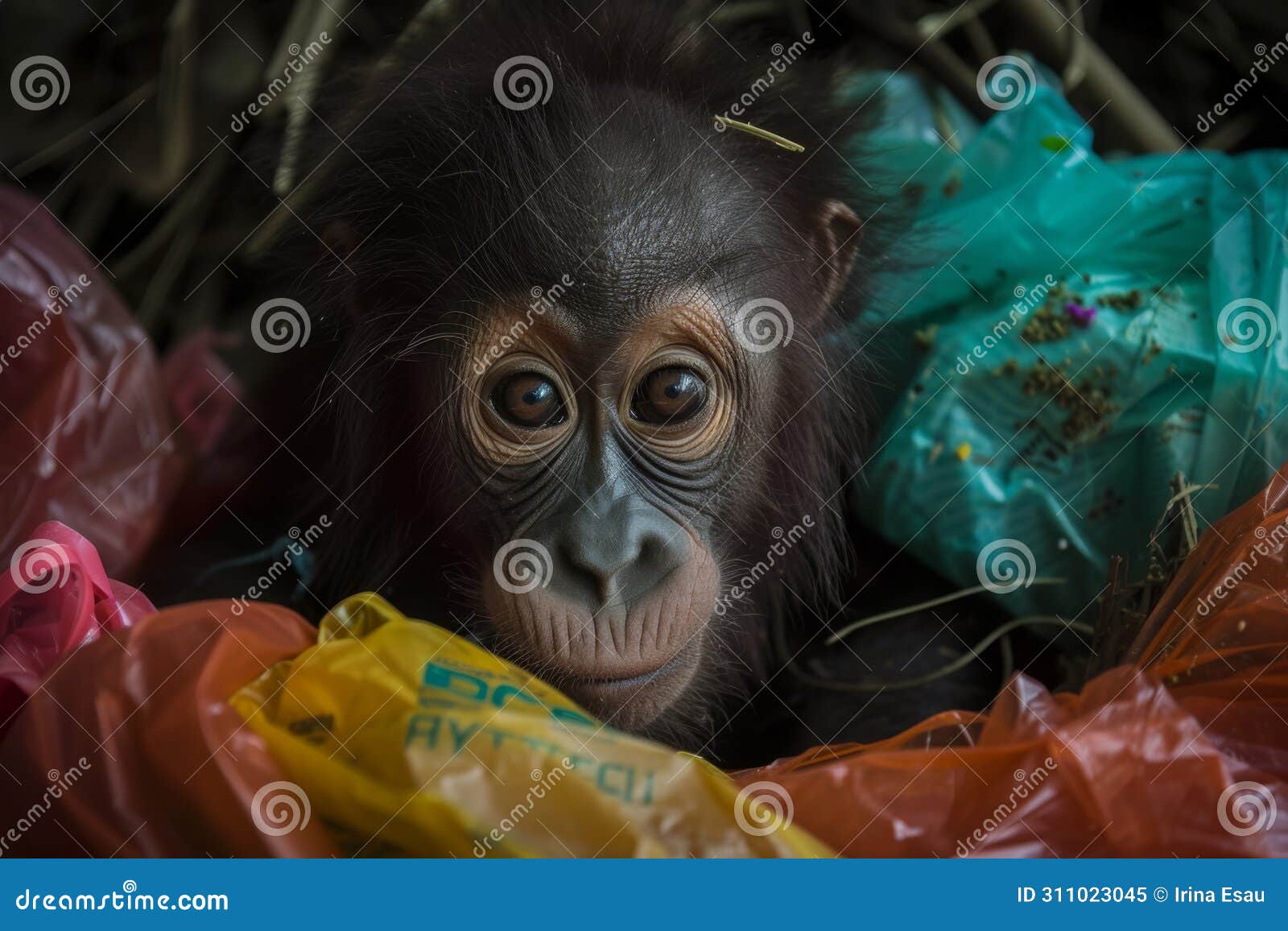 Monkey Amidst Plastic Waste Stock Image - Image of environment ...