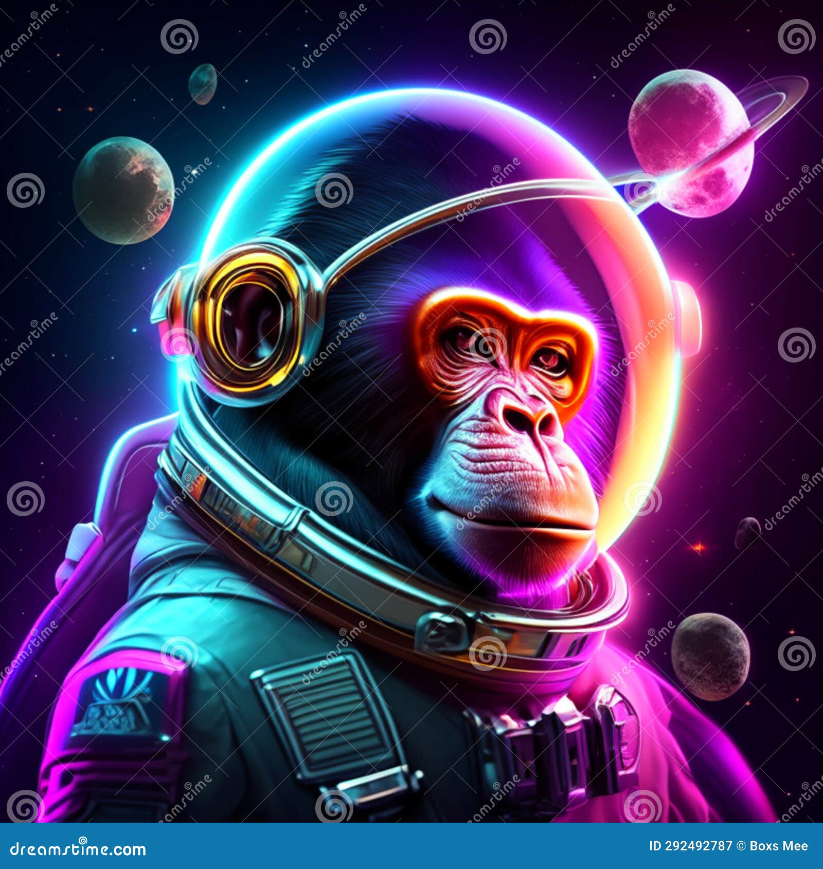 Monkey Astronaut in Space with Planets and Stars. Vector Illustration ...