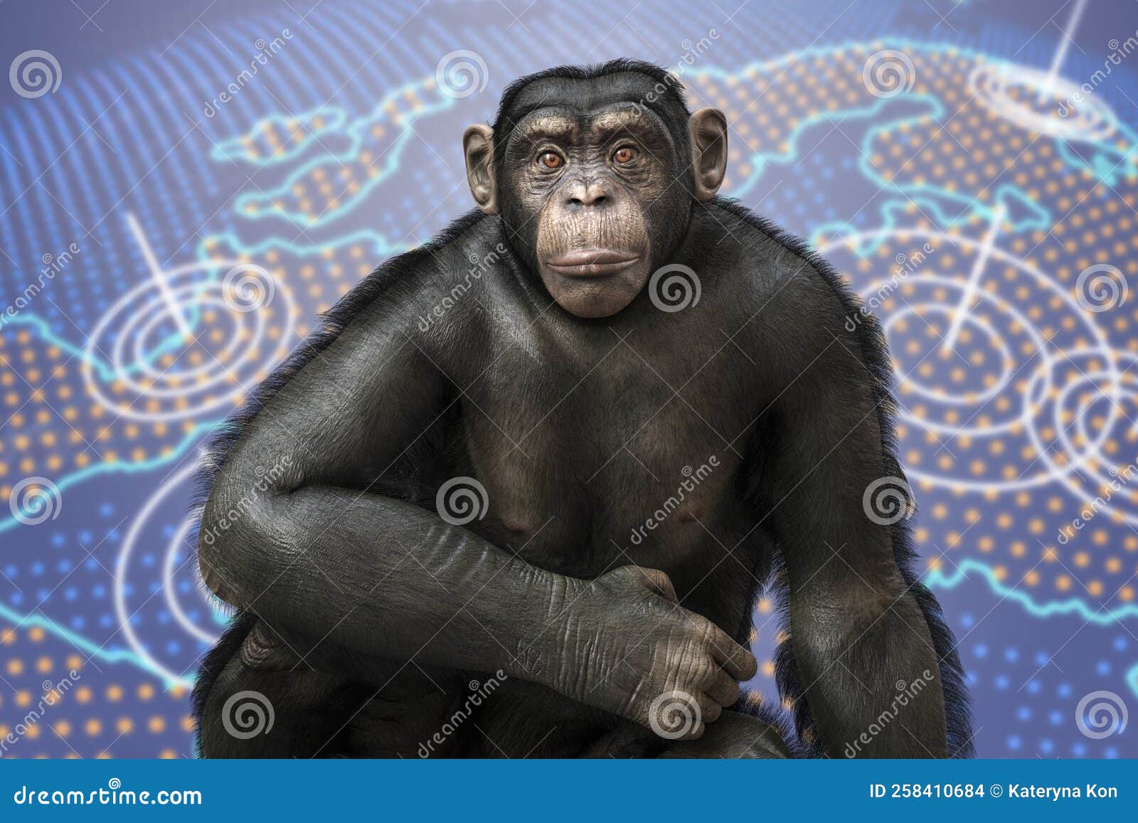 Monkey on a Background with Earth Map, Conceptual 3D Illustration Stock ...