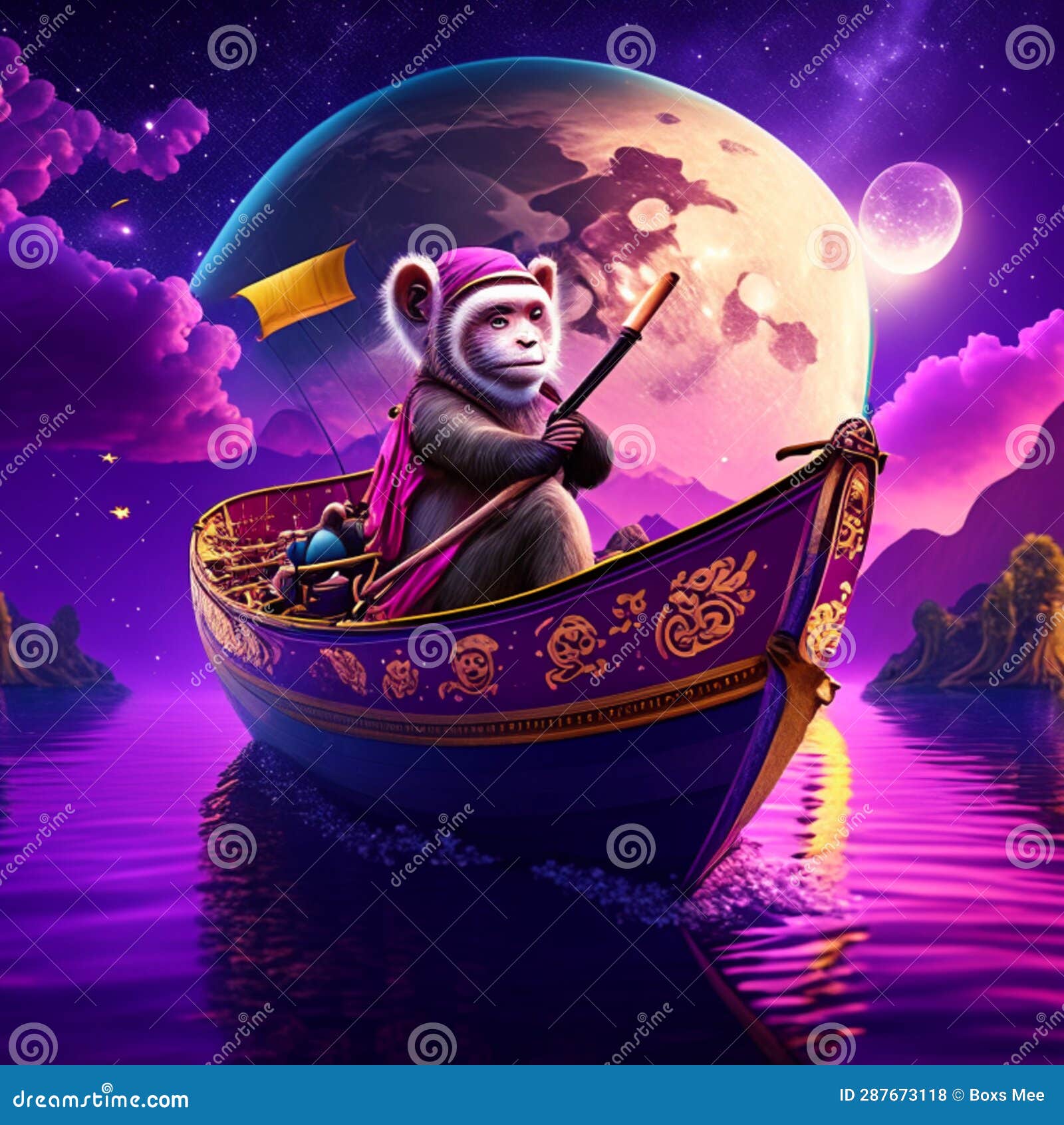 Monkey on a Boat in the Moonlight. 3d Rendering Generative AI Stock ...
