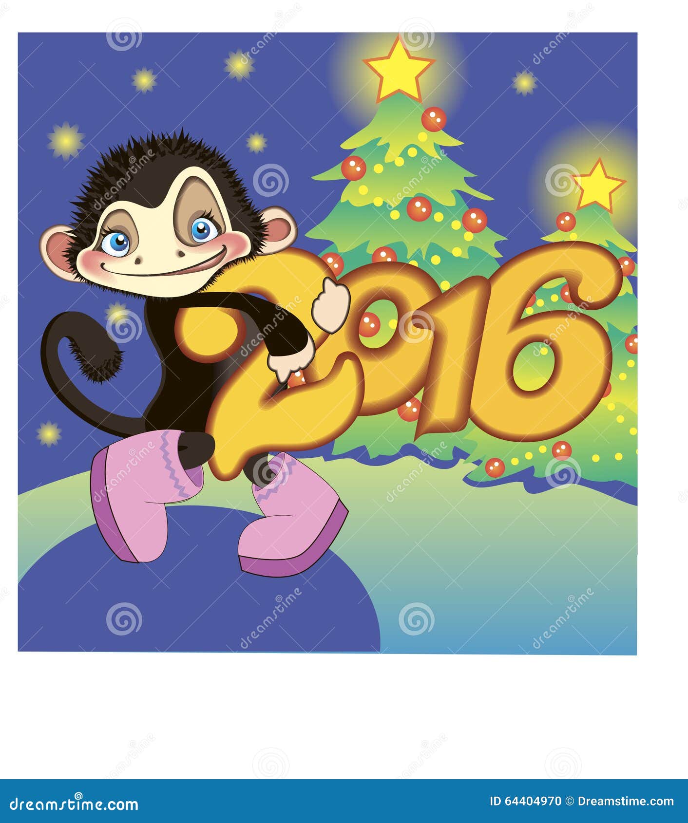 Monkey with Christmas tree stock illustration. Illustration of year ...