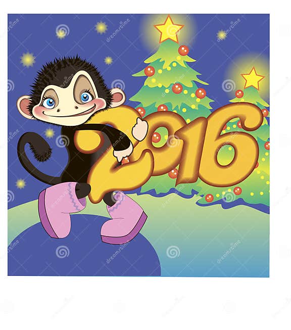 Monkey with Christmas tree stock illustration. Illustration of year ...