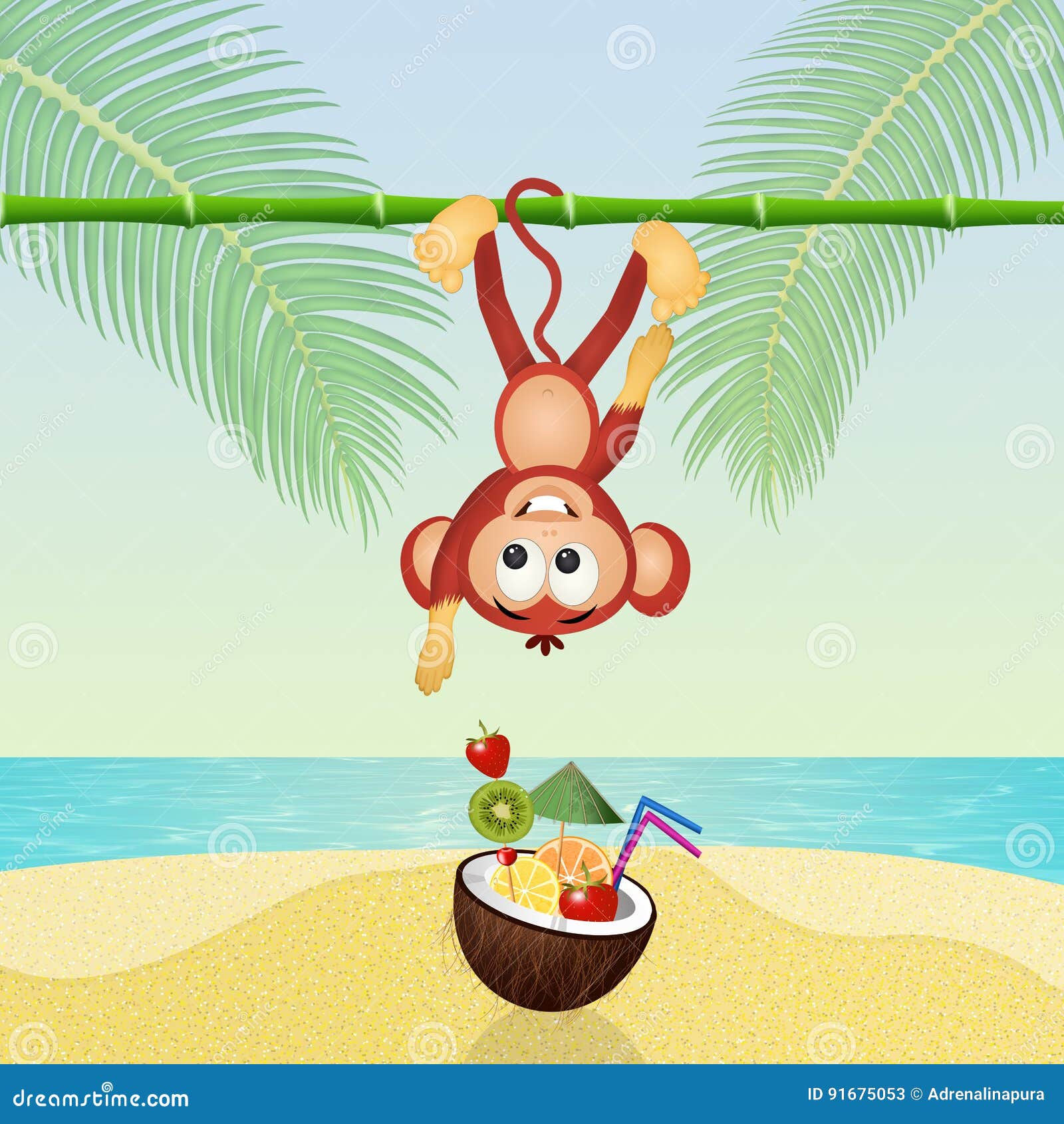 Monkey and Cocktail in the Coconut Stock Illustration - Illustration of ...