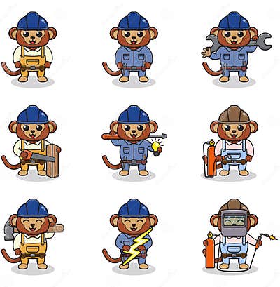 Cute Monkey Engineers Workers, Builders Characters Isolated Cartoon ...