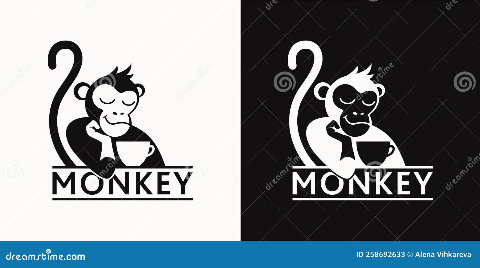 Monkey with a Cup of Coffee or Tea. Logo or Badge for Coffee Shops and ...
