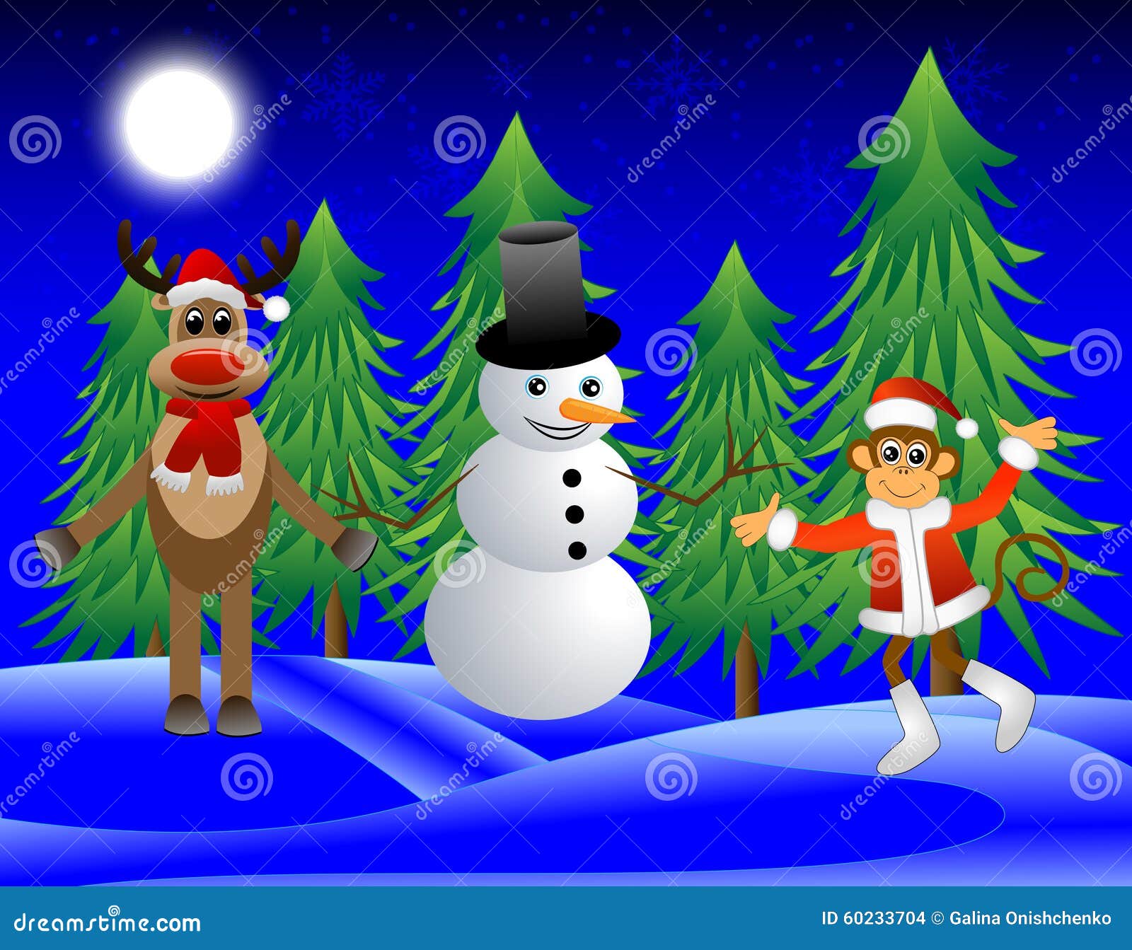 Monkey, Deer and a Snowman on the Edge of the Forest Stock Vector ...