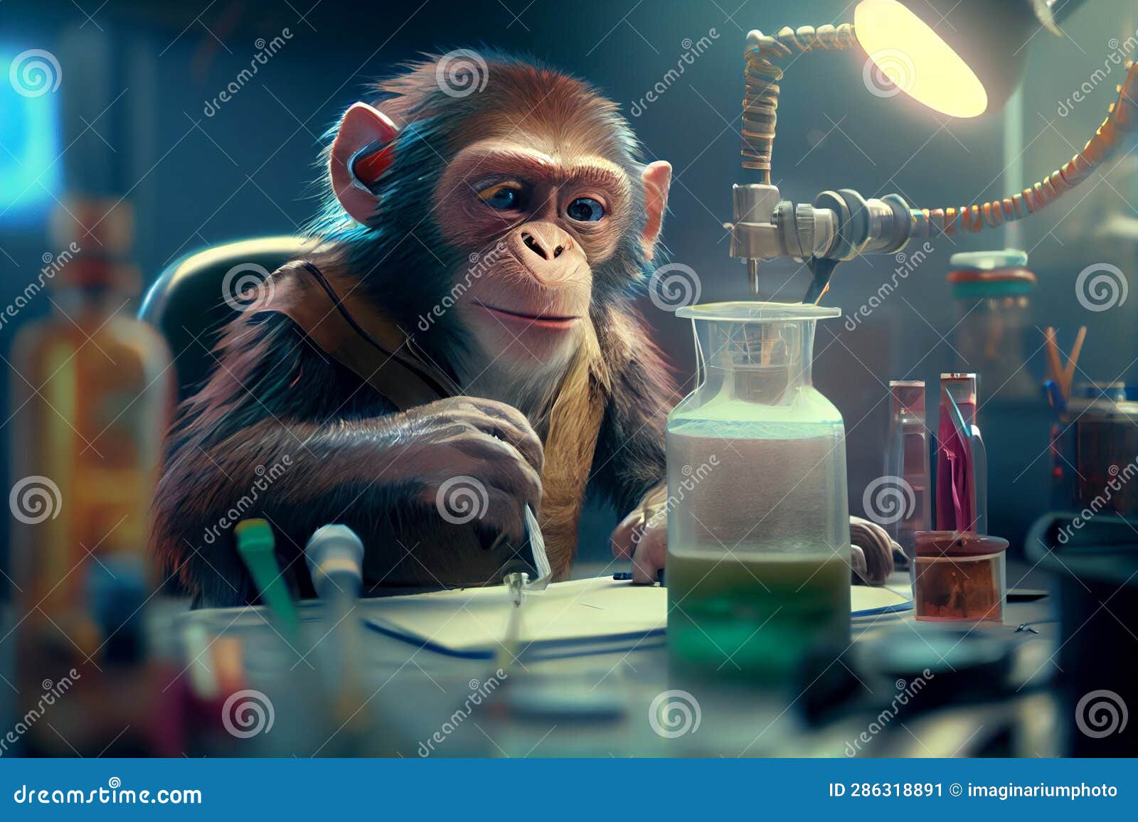 Monkey Doing Experiments in Lab. Illustration of a Curious Monkey ...