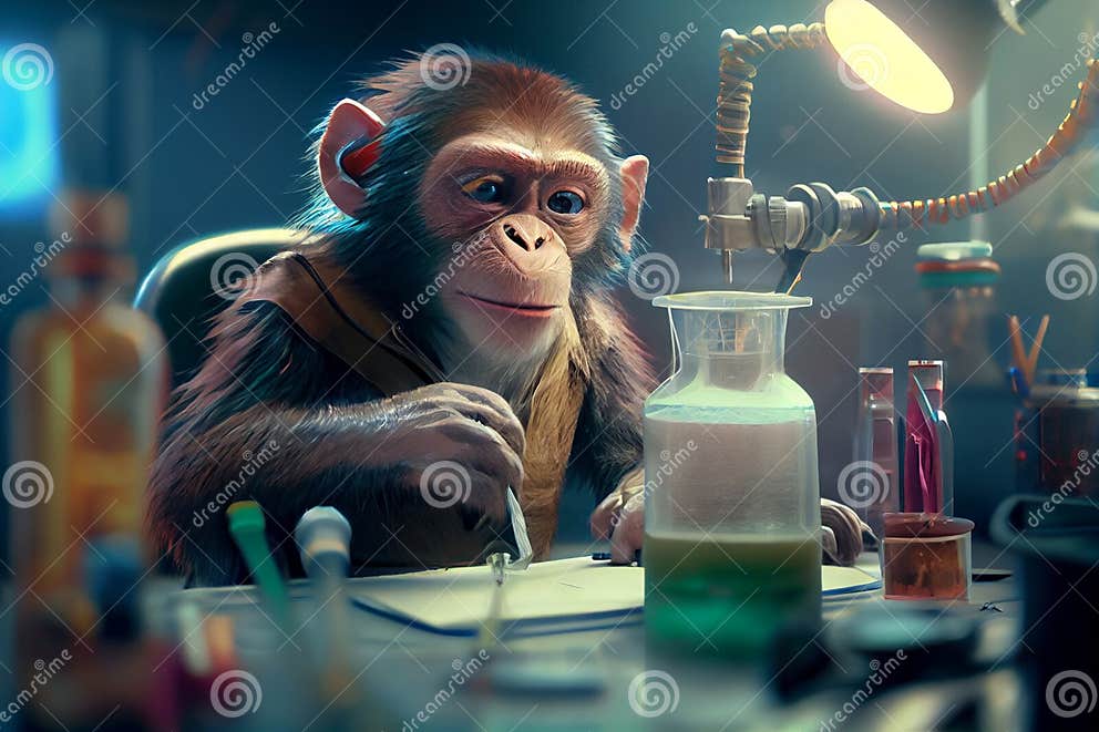 Monkey Doing Experiments in Lab. Illustration of a Curious Monkey ...