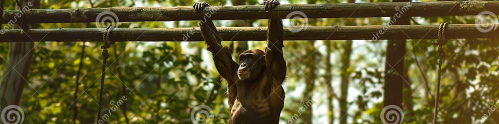 A Monkey Doing Pullups Showing Strength on a Jungle Gym Bar in a Forest ...