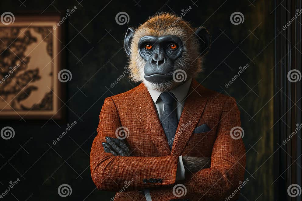 A Monkey Dressed in a Sharp, Formal Suit Stands with Arms Crossed in a ...