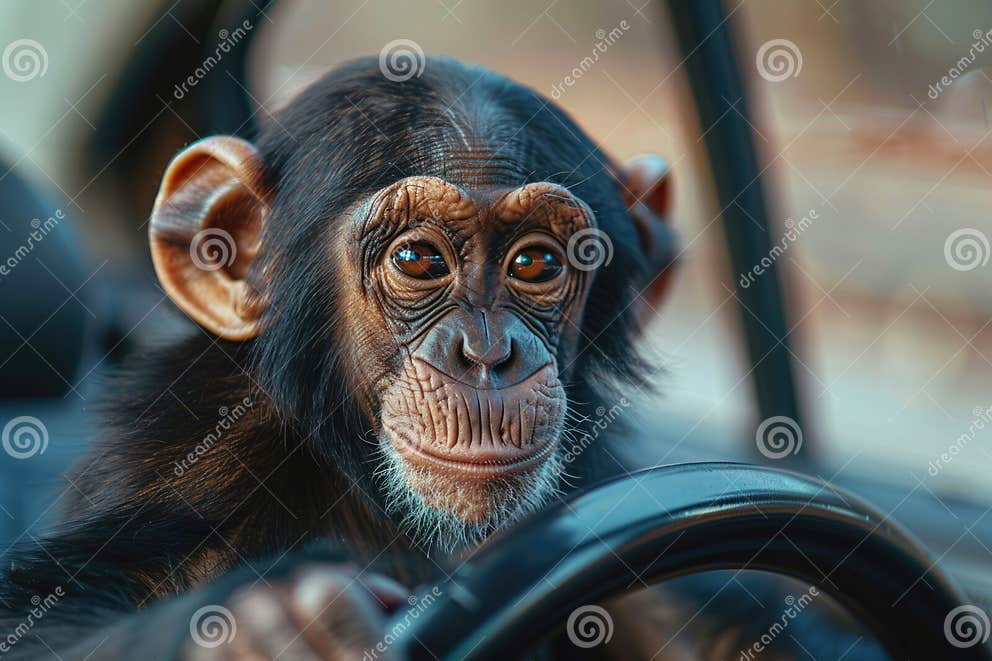 Monkey Driver Driving a Car Stock Photo - Image of emotion, smile ...