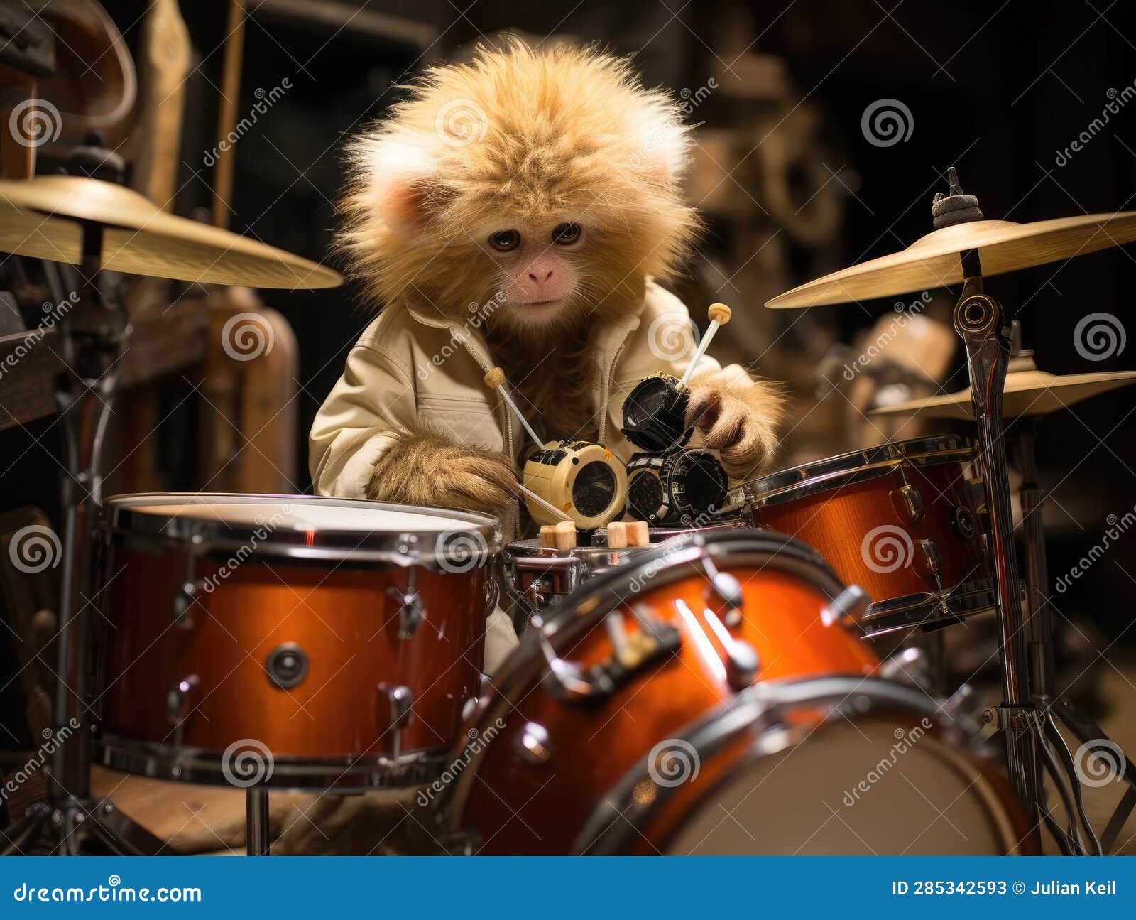 Monkey Drumming on Tiny Drum Set Stock Illustration - Illustration of ...