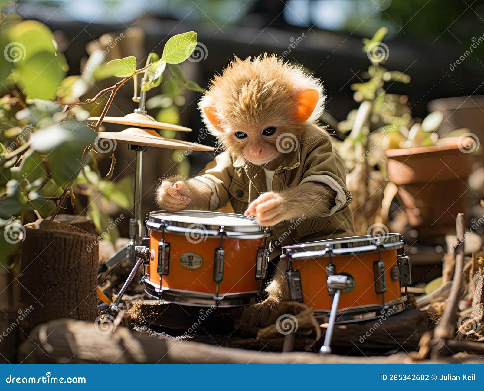 Monkey Drumming on Tiny Drum Set Stock Illustration - Illustration of ...