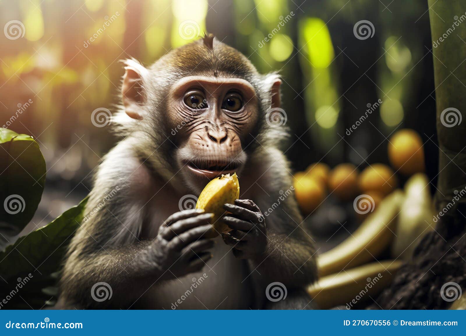 Monkey Eating Fruit in the Jungle Stock Illustration - Illustration of ...