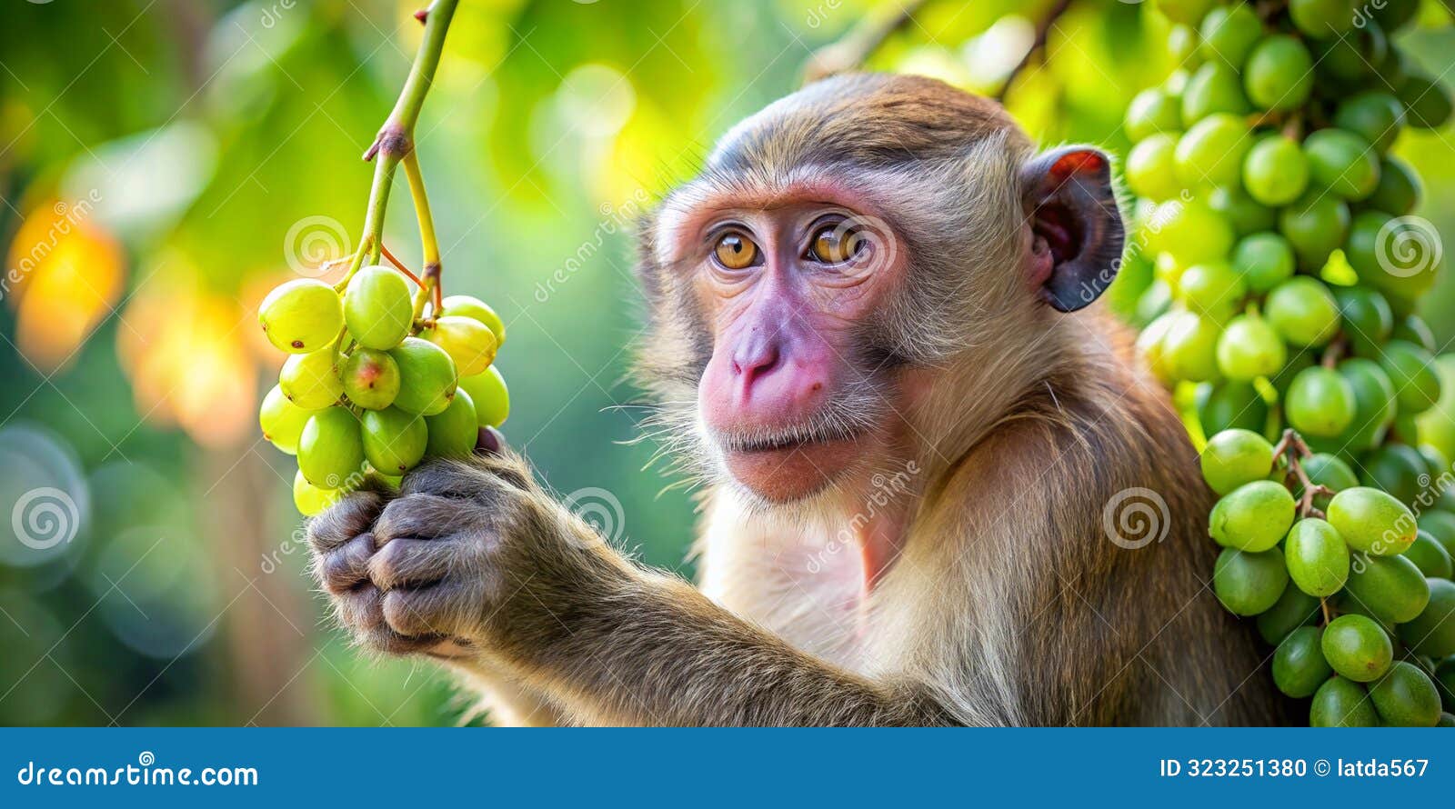 A Monkey Eating Grapes Behind Him are the Leaves of a Grape Tree ...