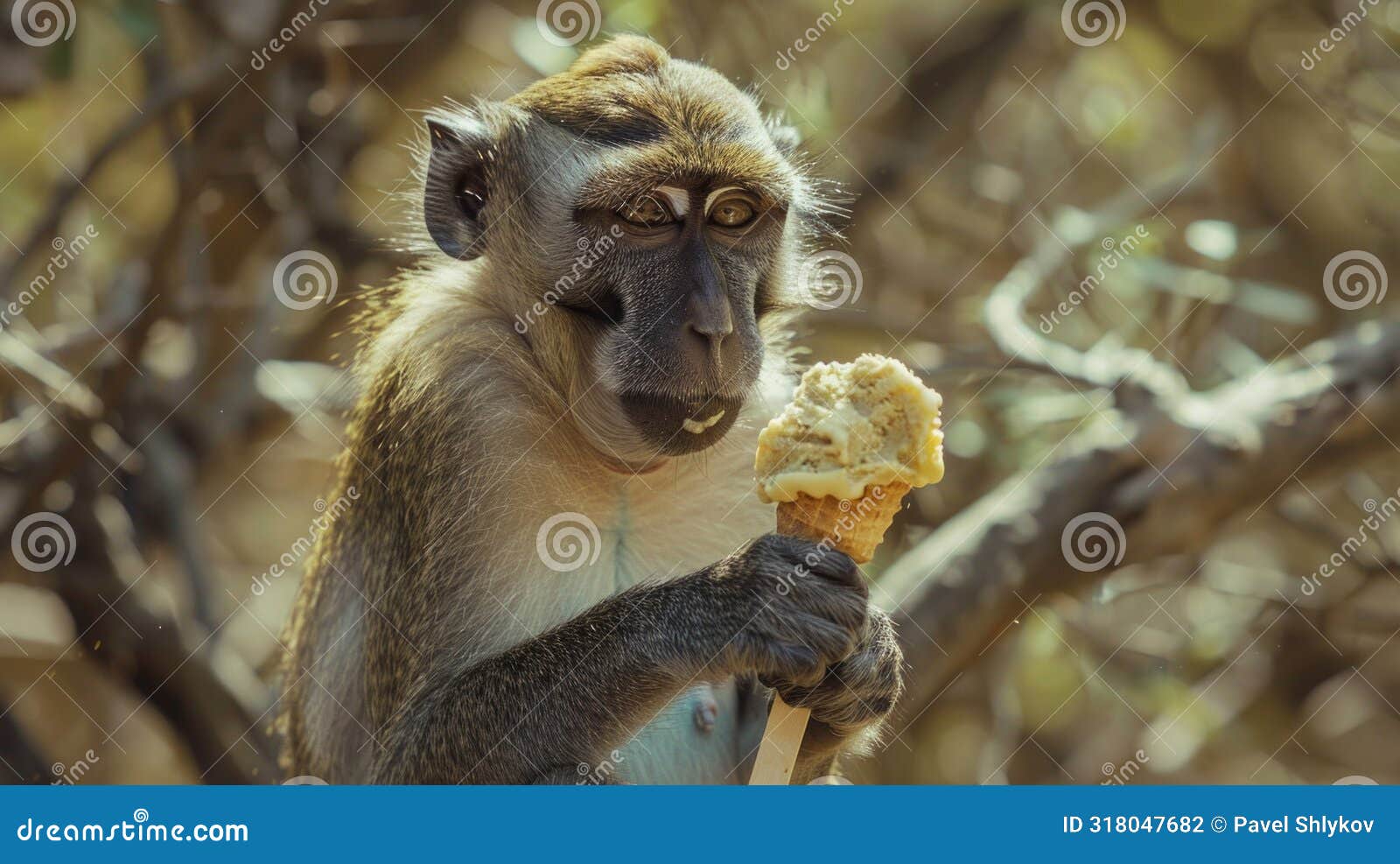 Monkey Eating Ice Cream in Park Stock Photo - Image of thailand, tree ...