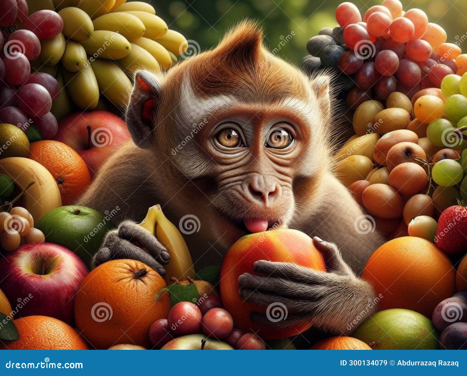 Monkey is eating fruit stock illustration. Illustration of cute - 300134079