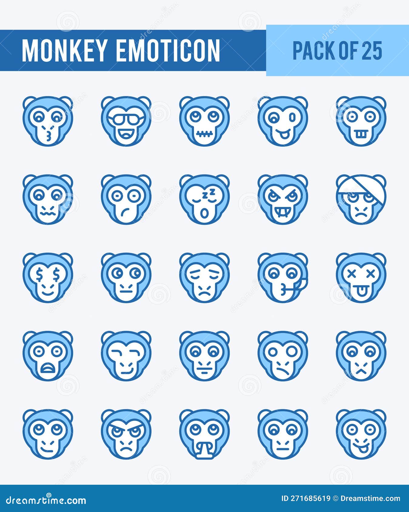 25 Monkey Emoticon Lineal Fill Icons Pack Vector Illustration ...