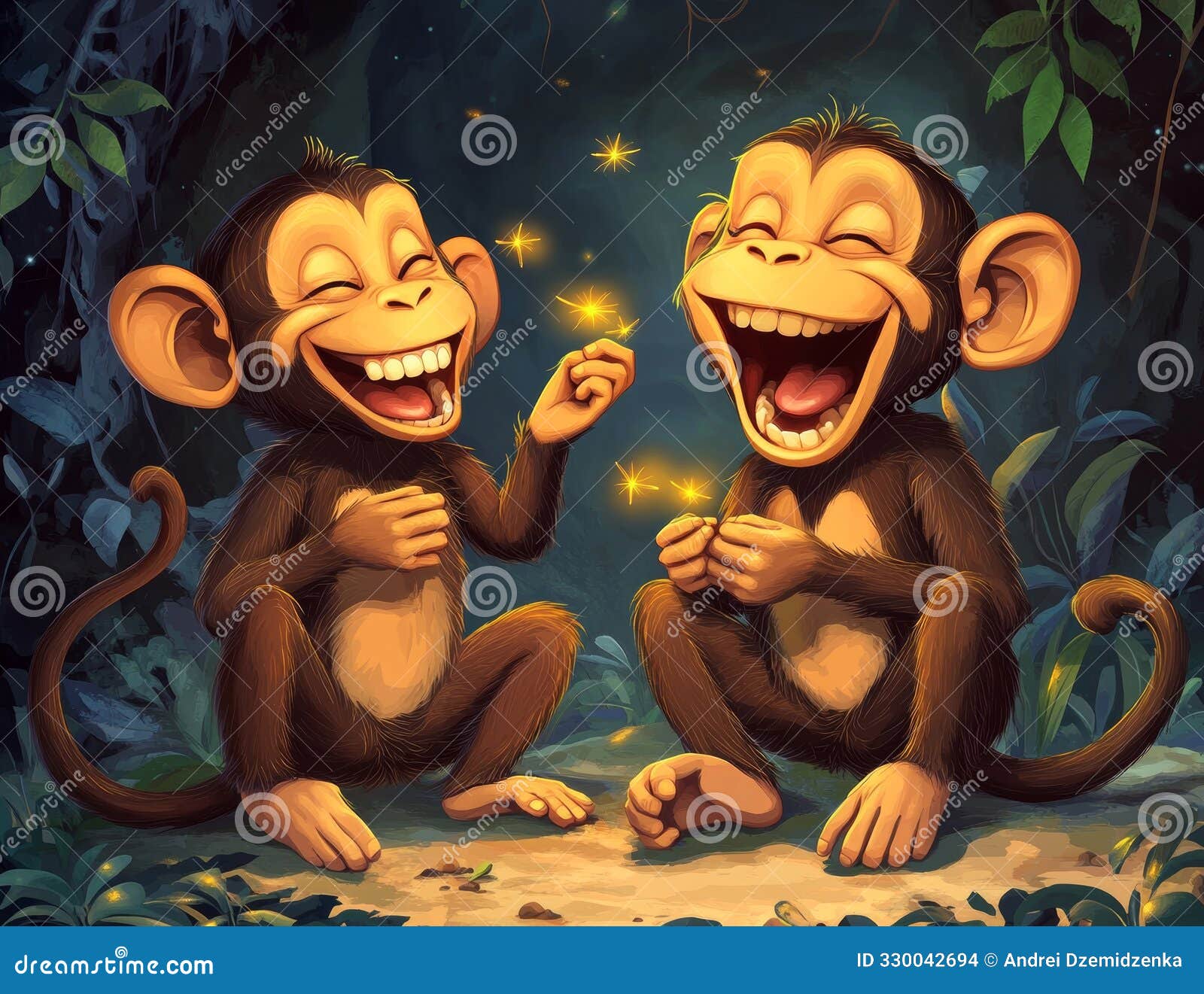 A Monkey Enjoying Nature with Fireflies at Night Stock Photo - Image of ...