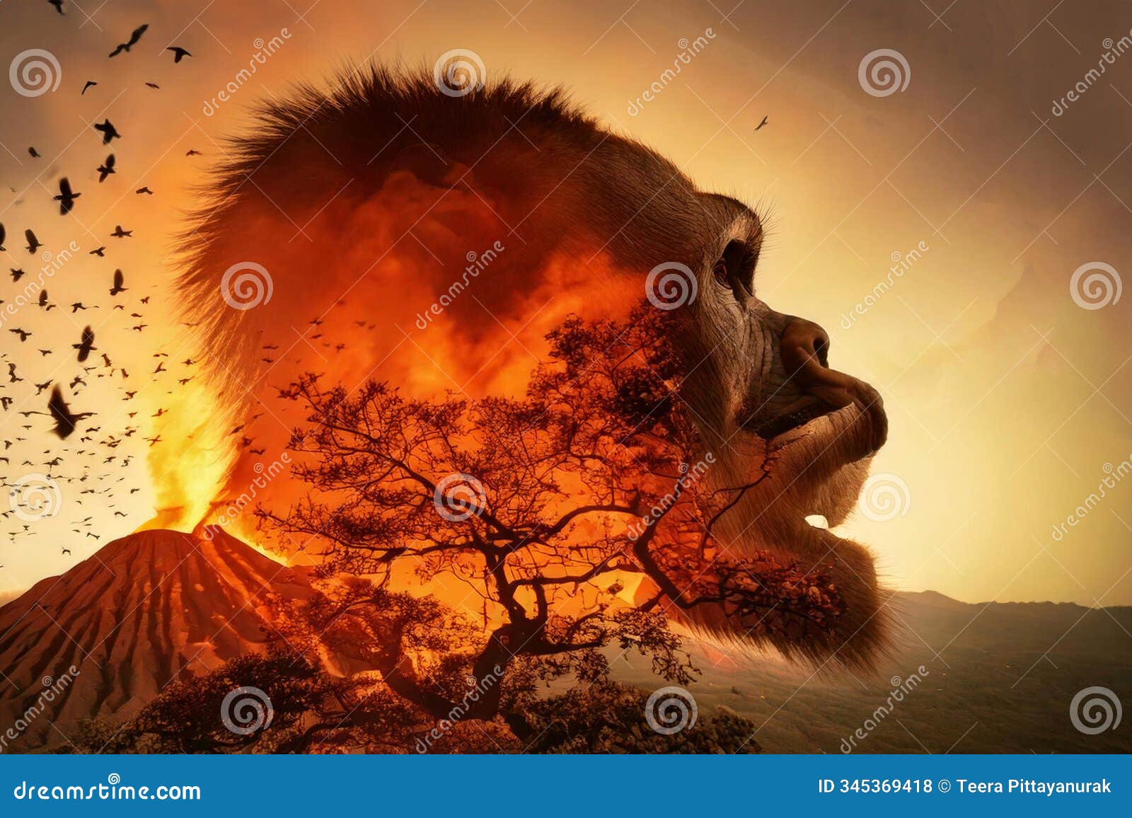 Monkey and the Explosion of Forest Burned Stock Illustration ...