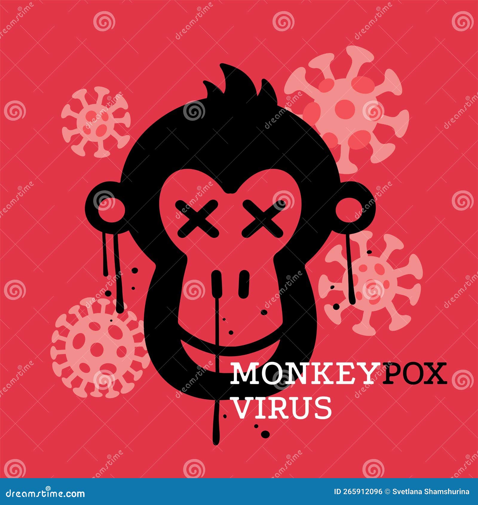 Monkey Face with Virus Cells on Red Background. New Monkeypox 2022 ...
