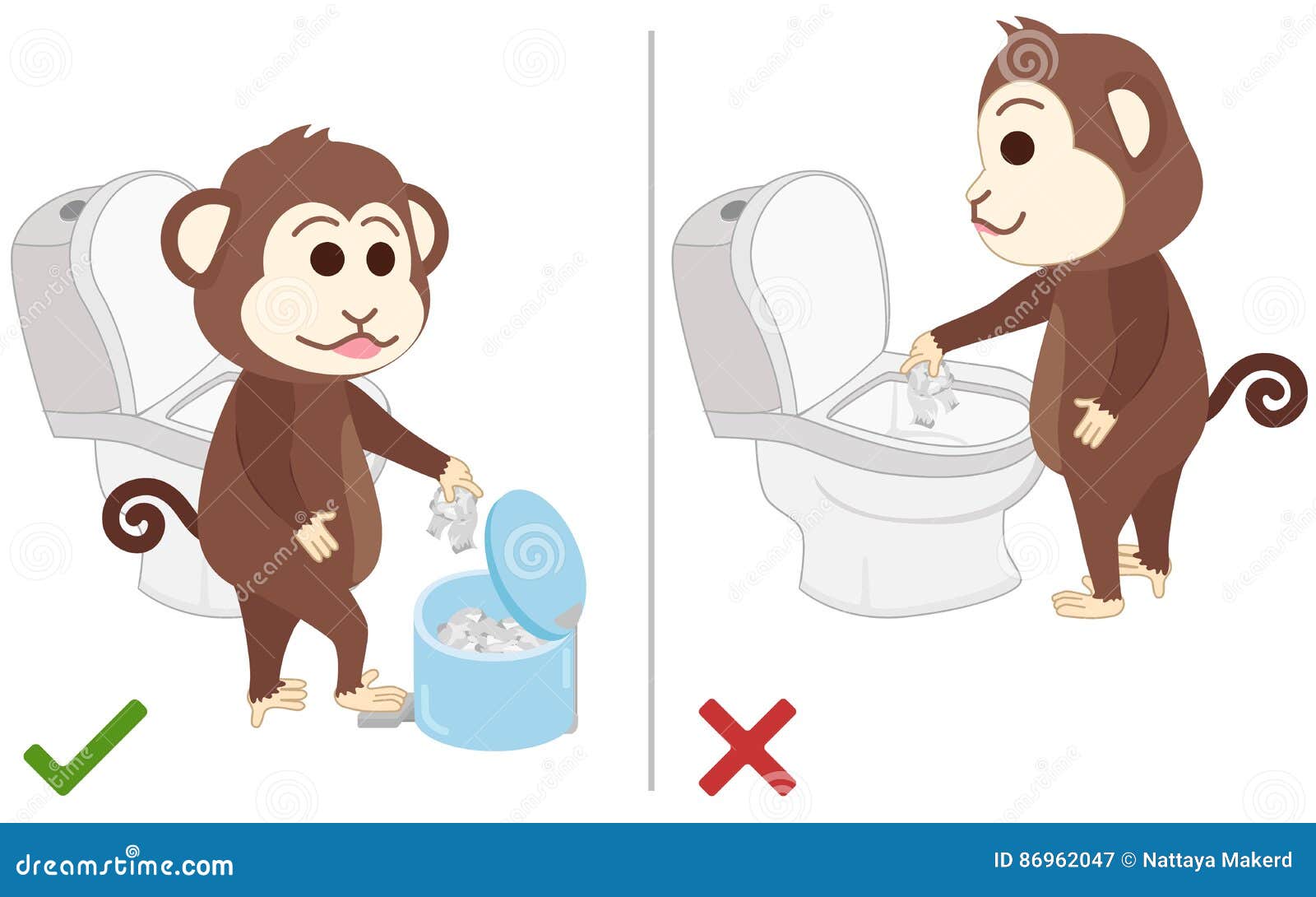 Monkey Feel Good and Bad Practice in Use Toilet. Stock Vector ...