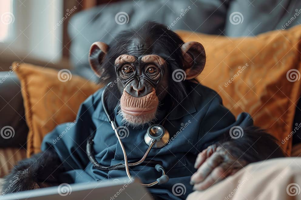 Monkey Monkey in the Form of a Medical Worker Doctor at a Table in the ...