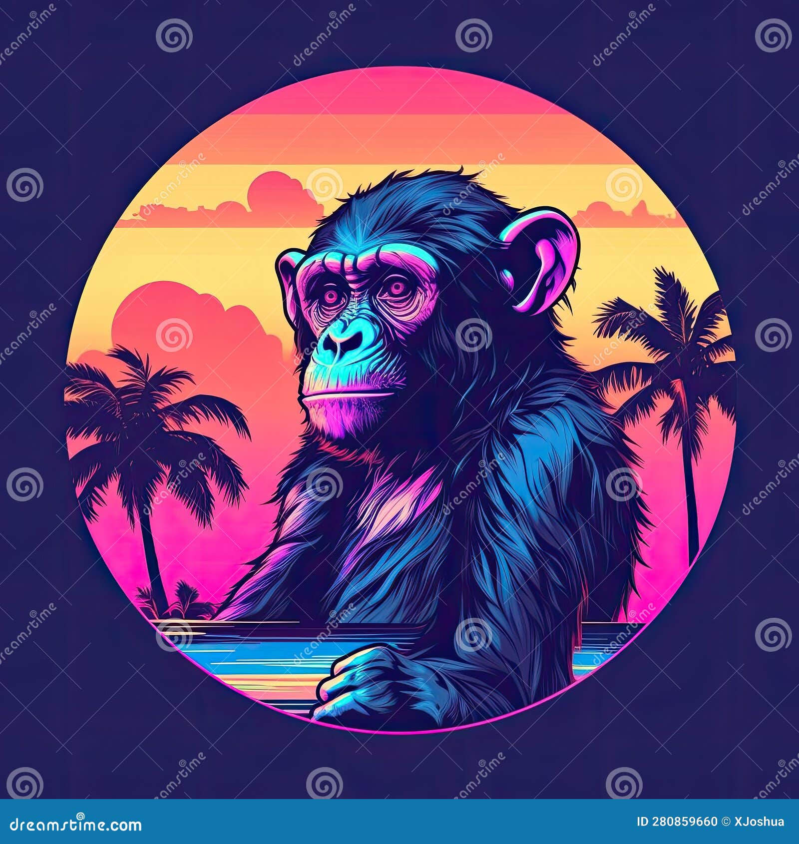 Monkey in Neon Colors Against the Sunset Sunset Scene with Vaporwave ...