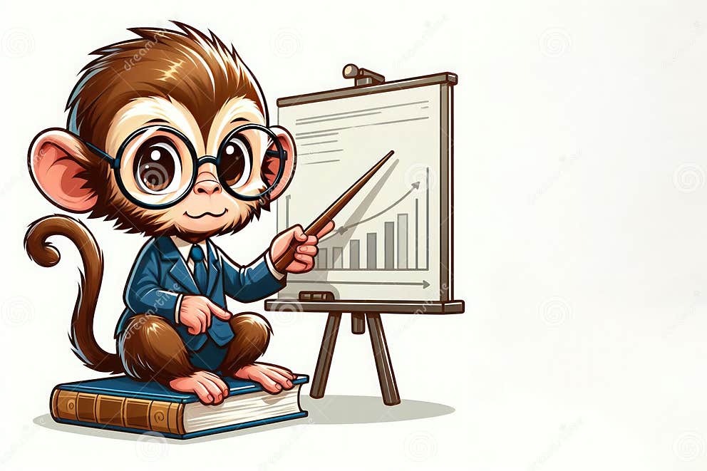 A Monkey with Glasses Points To a Board with Graphs. Place for Text ...