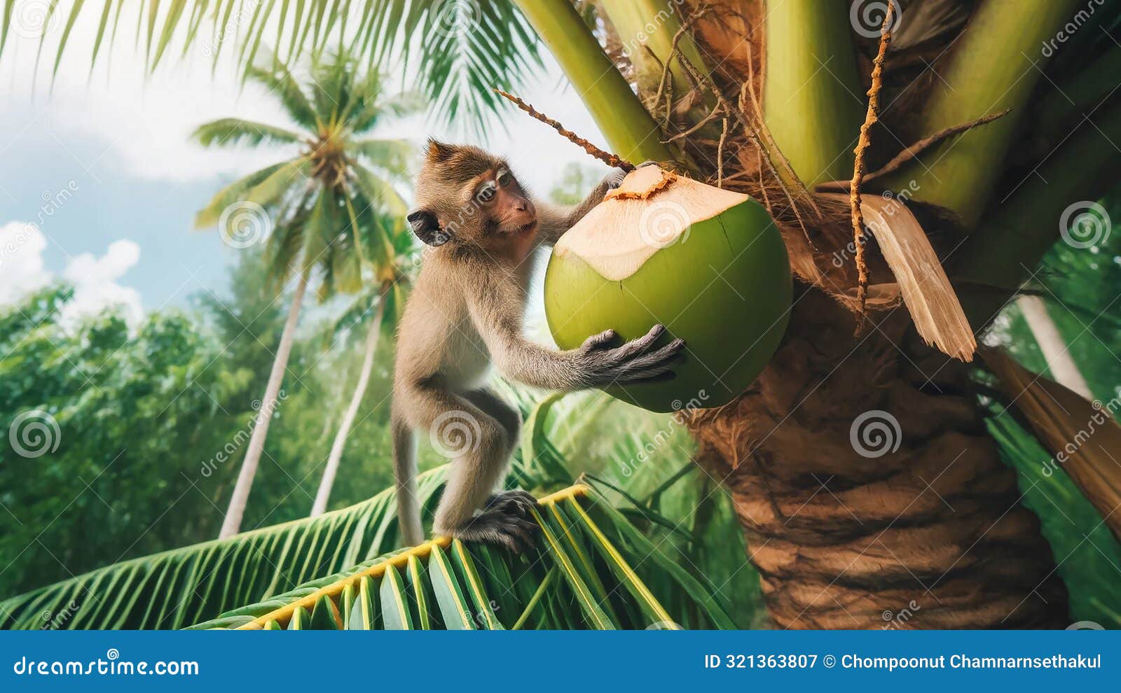 Monkey Harvesting a Coconut. the Monkey is Climbing a Coconut Palm Tree ...