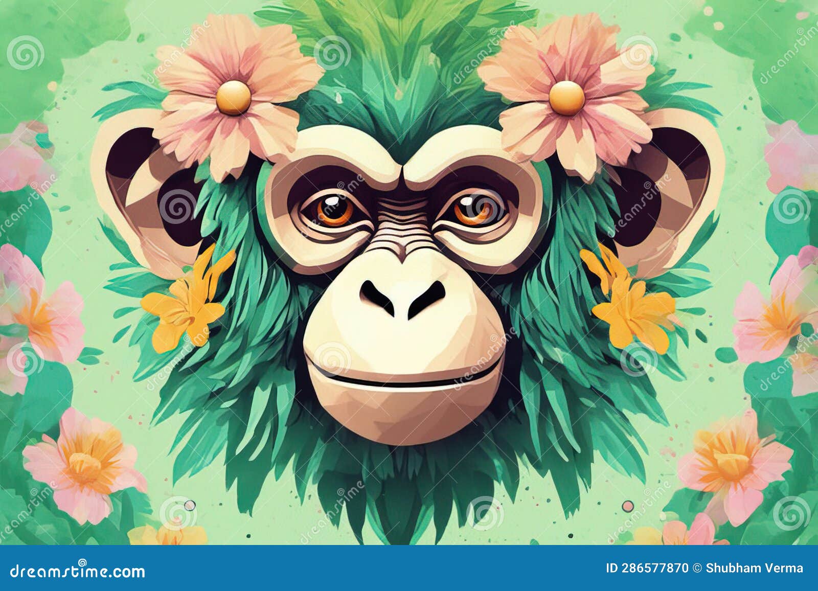 Monkey Head with Flowers and Leaves. Vector Illustration Stock ...