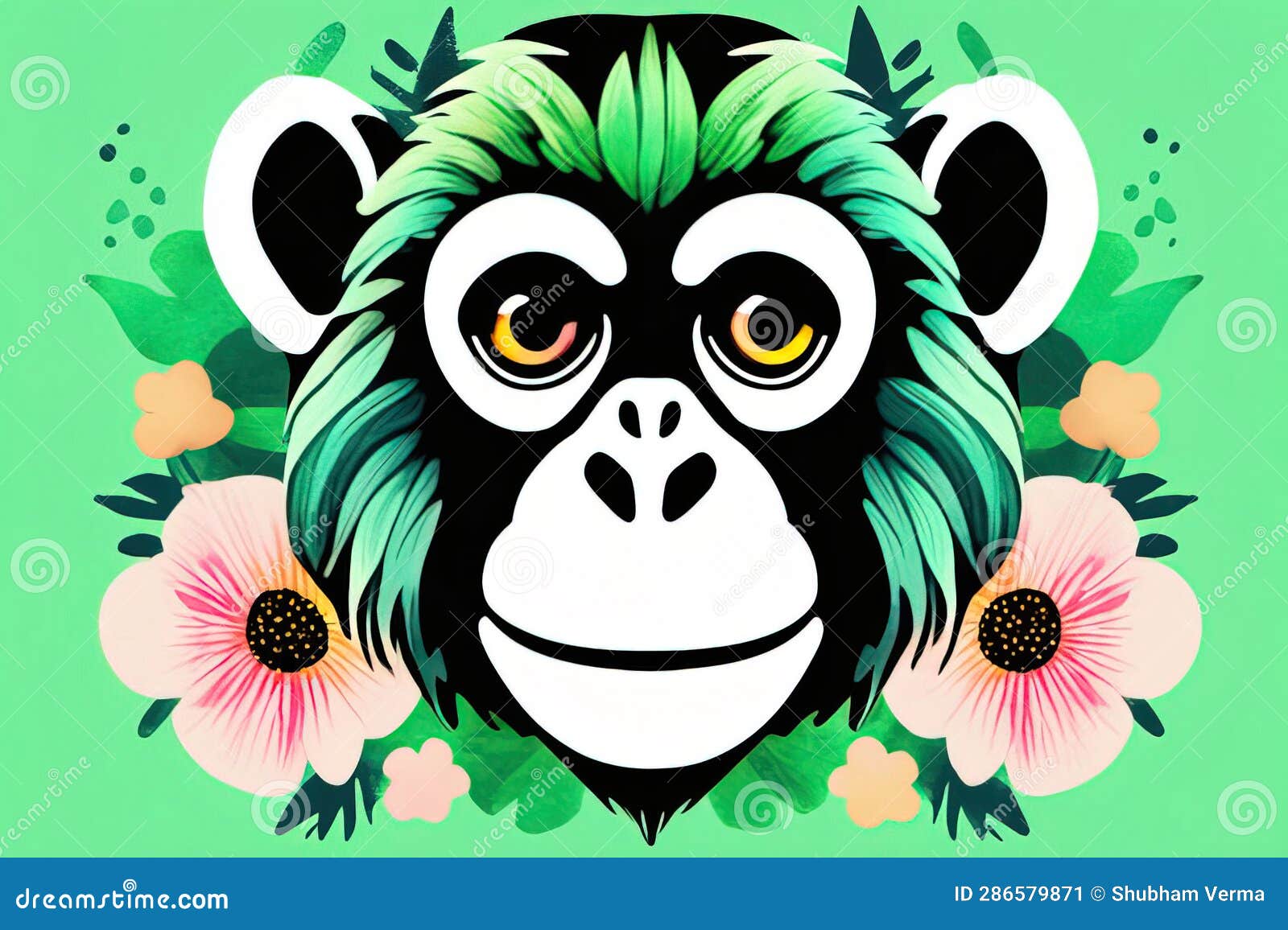 Monkey head and flowers. stock illustration. Illustration of nature ...