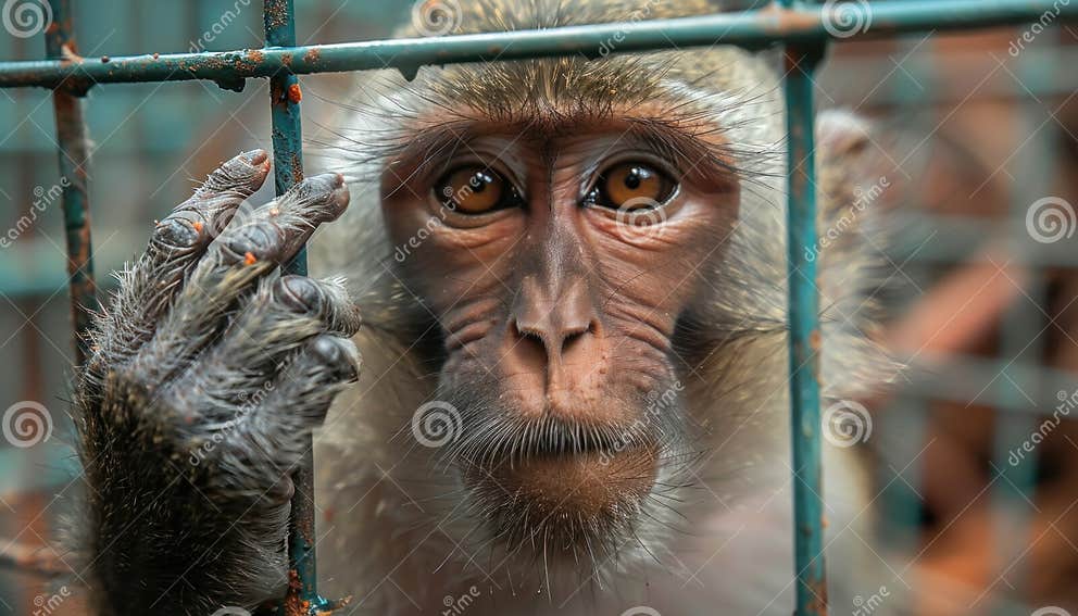 Monkey Holding Cage Bars with a Sad Expression Stock Image - Image of ...