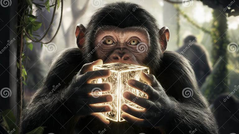 A Monkey Holding a Glowing Cube Box in Its Hands and Looking at it, AI ...