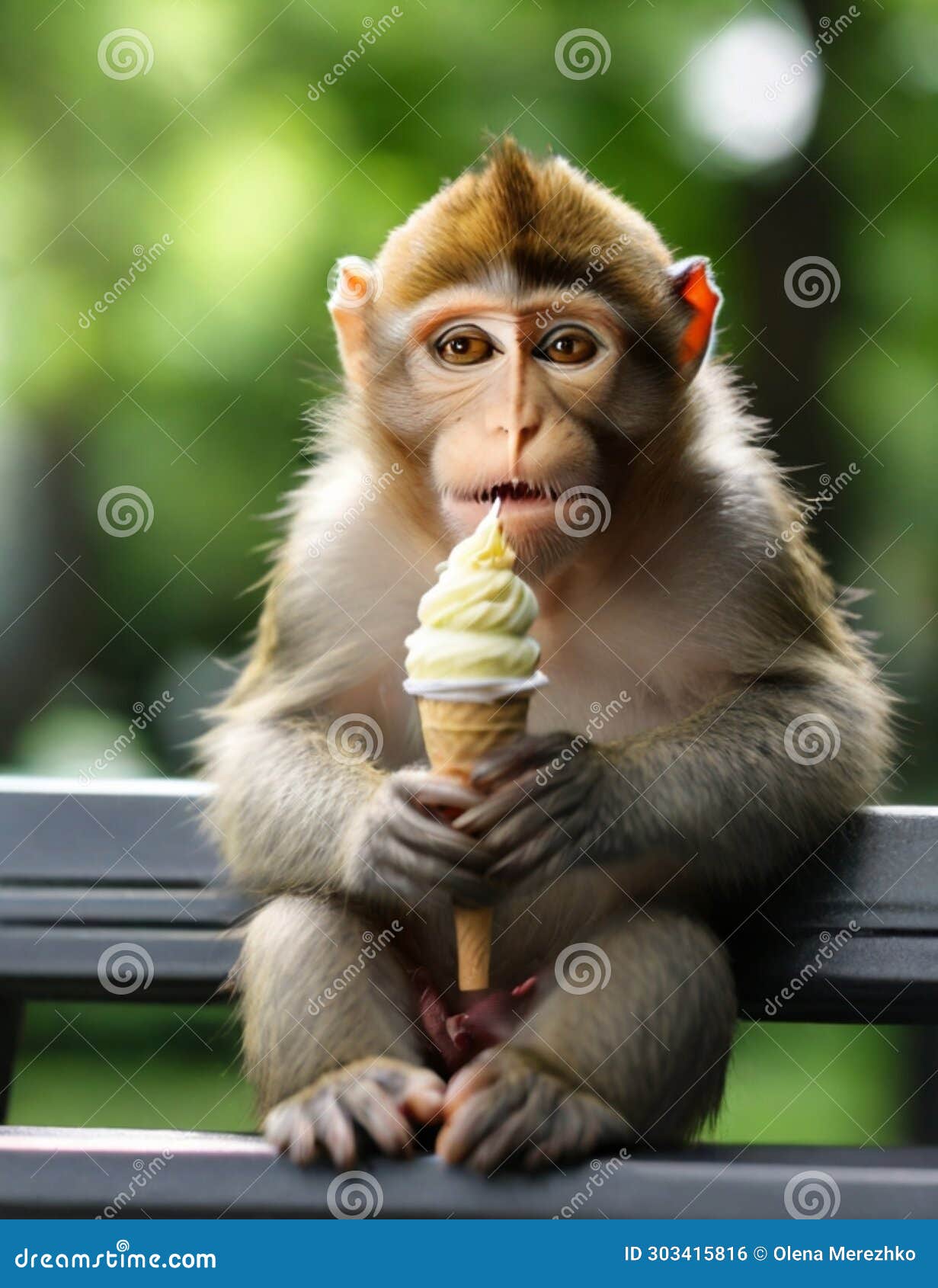 Monkey with ice cream stock photo. Image of hairy, face - 303415816