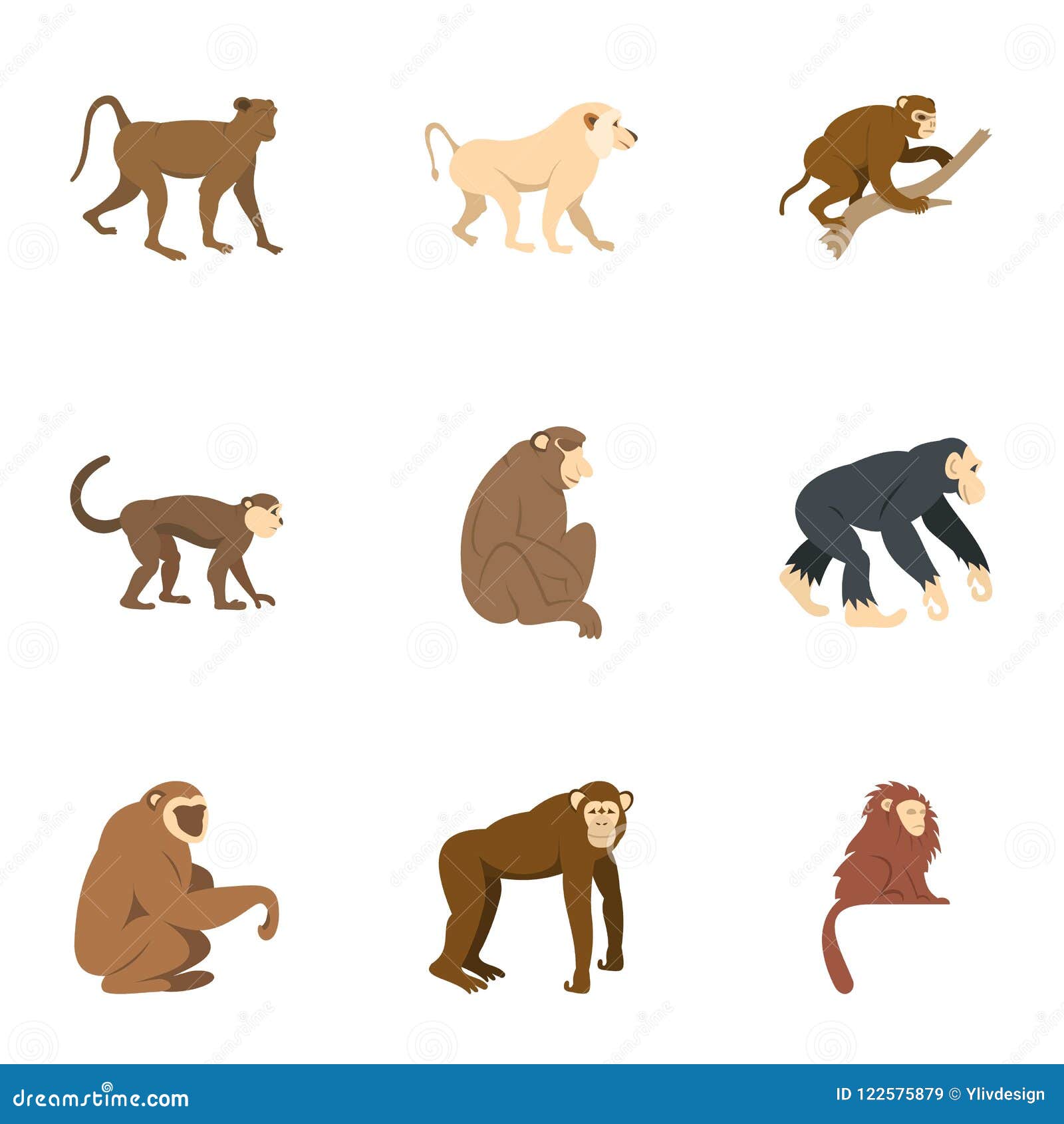 Monkey Icon Set, Flat Style Stock Vector - Illustration of chimpanzee ...