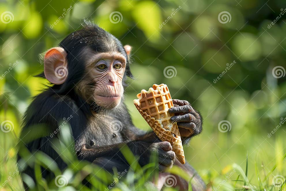 Monkey Infant with a Waffle Cone in a Bright Sunny Glade Stock Image ...