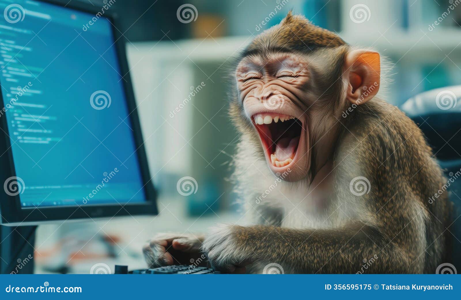 Monkey Laughing at Computer Screen, Joyful Expression, Playful Scene ...