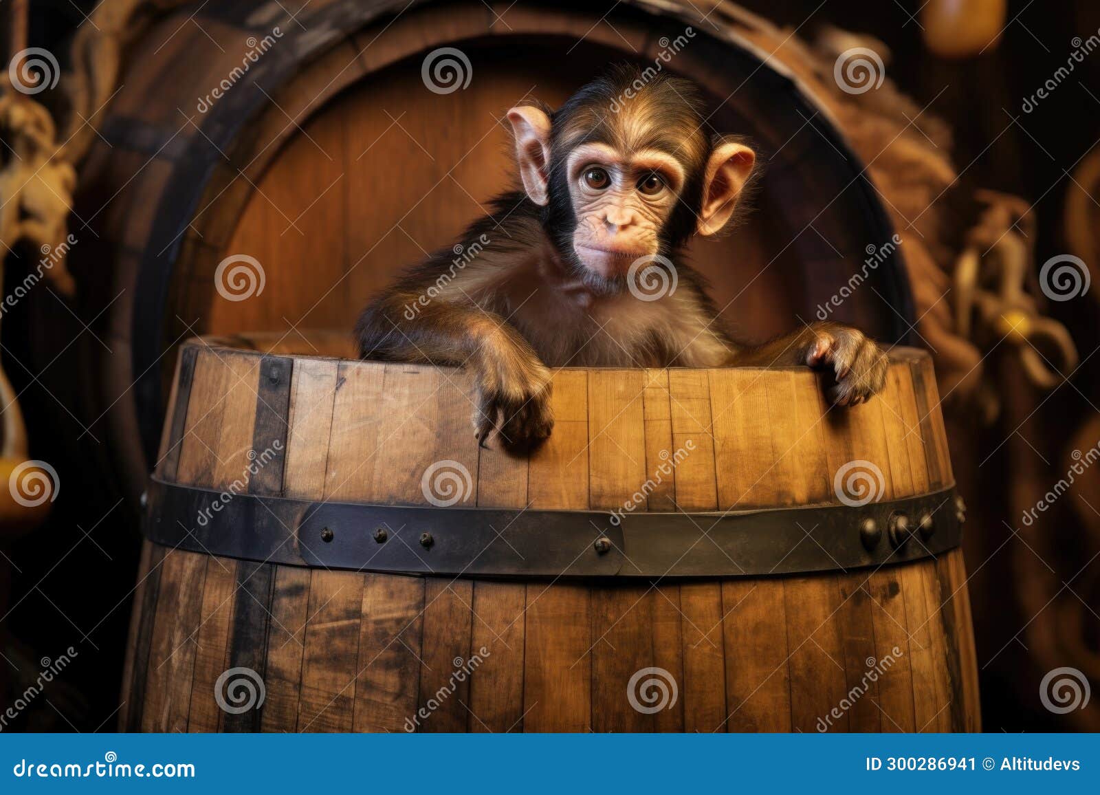 A Monkey in a Leather Jacket Sitting on an Old Wooden Barrel Stock ...
