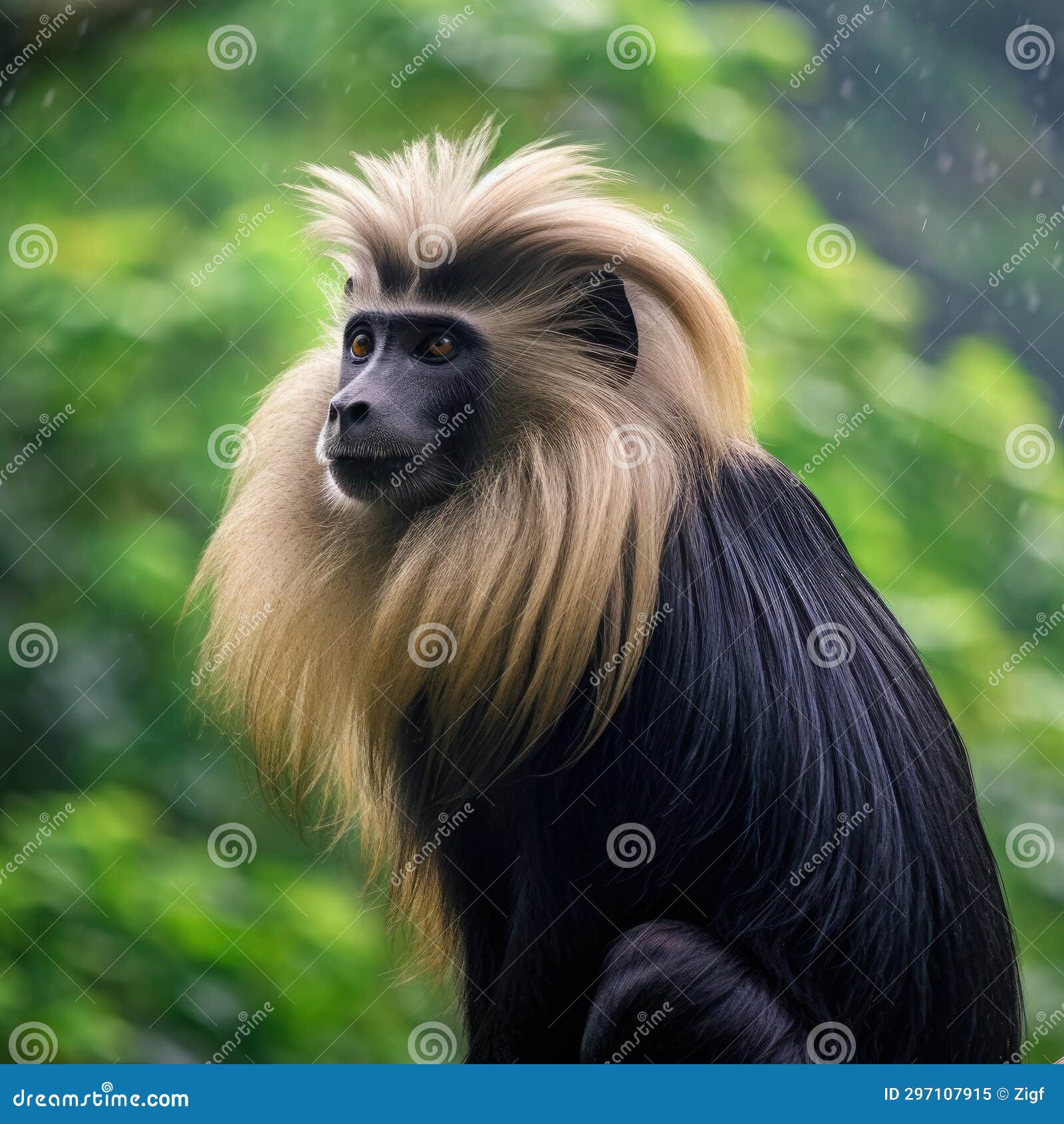 Monkey with Long Hair Sitting on a Rock in the Rain Stock Illustration ...