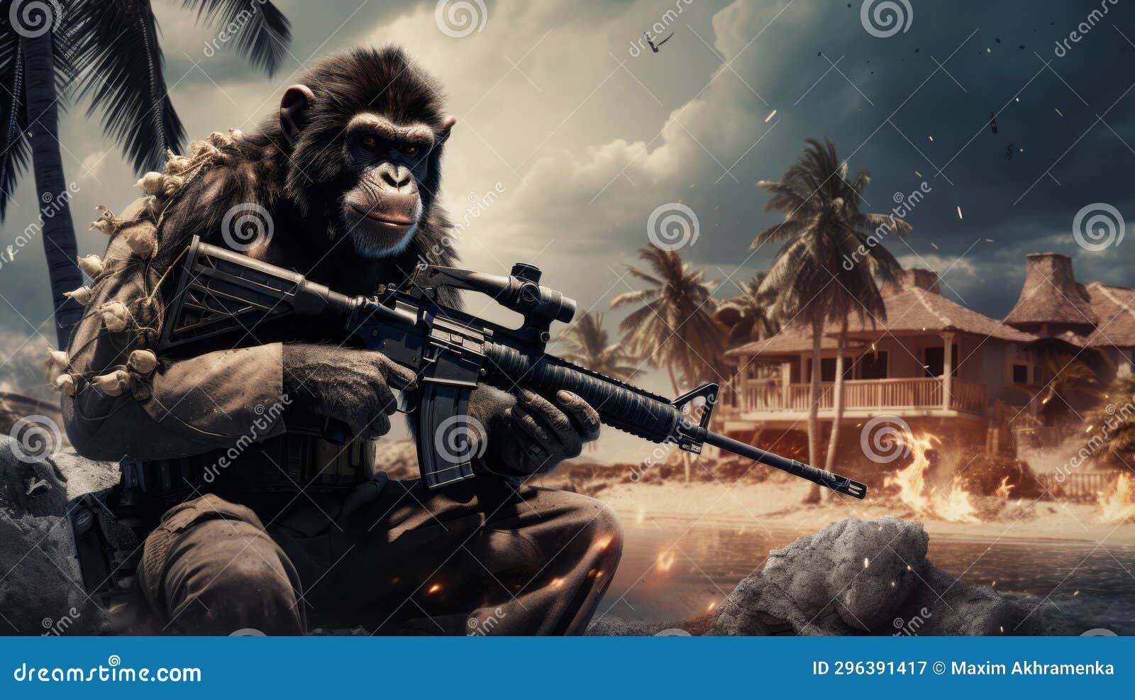 Monkey with a Machine Gun in Military Clothes Stock Illustration - Illustration of angry ...