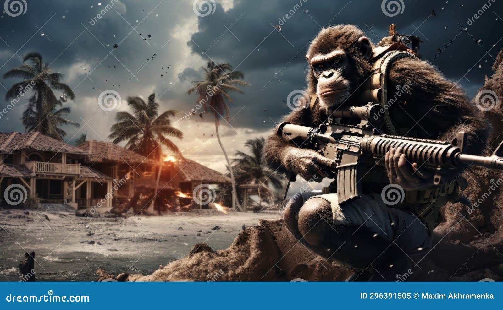 Monkey with a Machine Gun in Military Clothes Stock Illustration ...